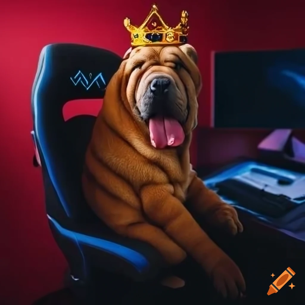 Shar Pei with a crown holding a salame, sitting on a gaming chair next ...