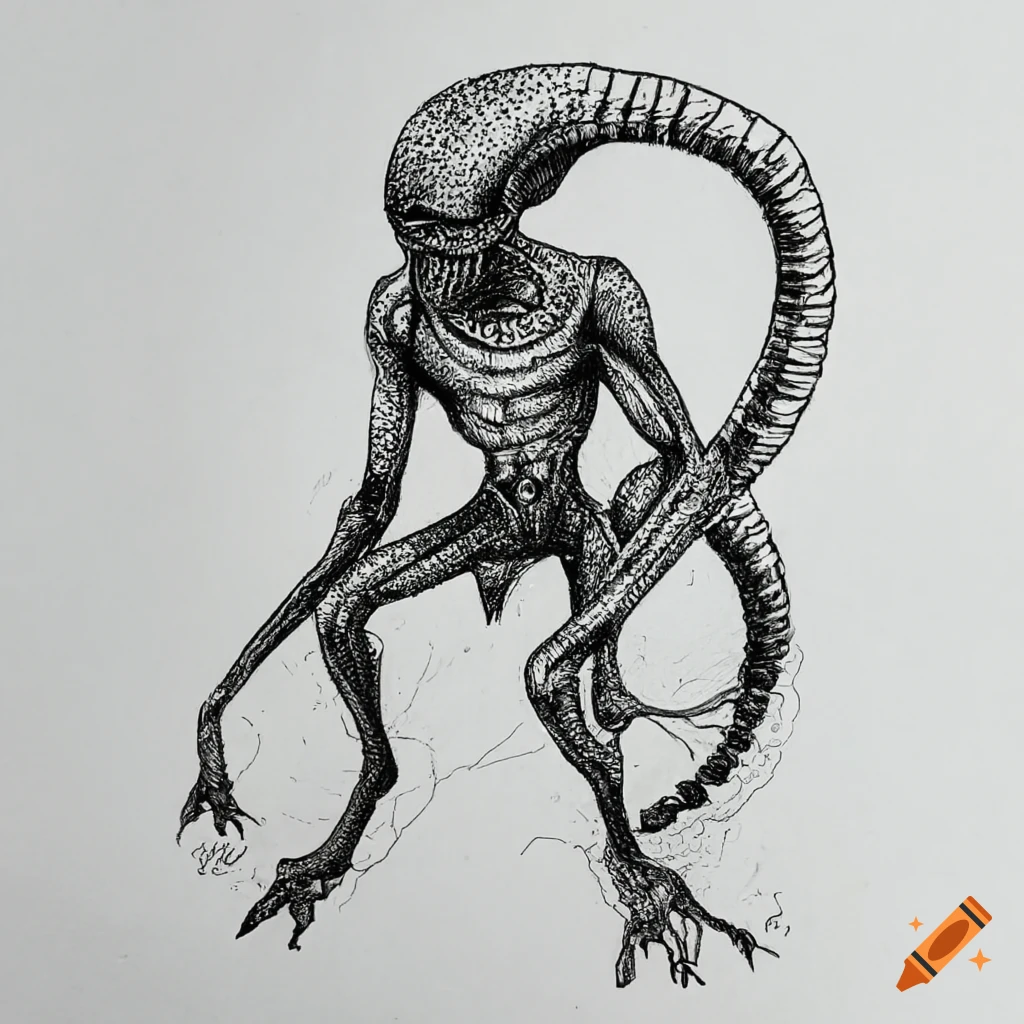 Alien warrior illustration in black and white pencil drawing