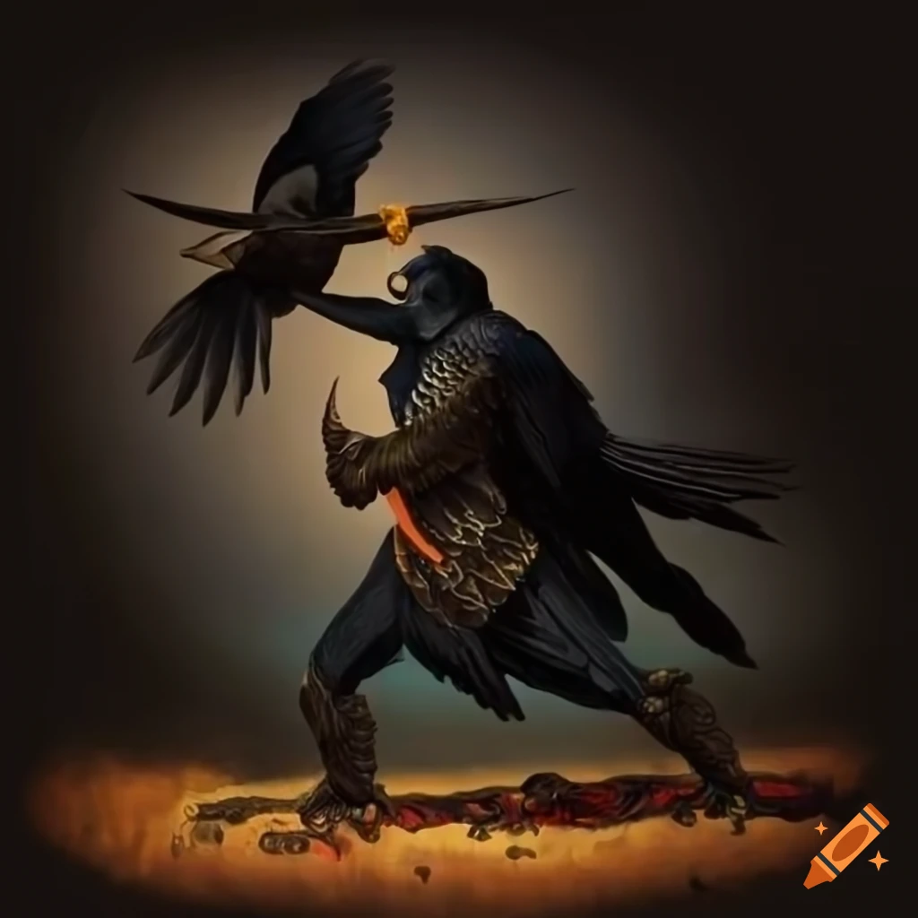 Inca raven battling snake with a sword
