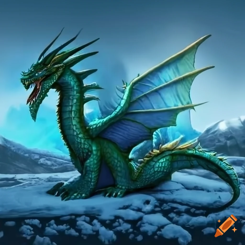 Wyrm green dragon and blue dragon on snow-covered hill with cliff and ...
