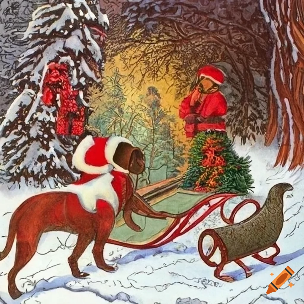 Vintage Christmas card with a red-nosed pitbull puppy and Santa Claus ...