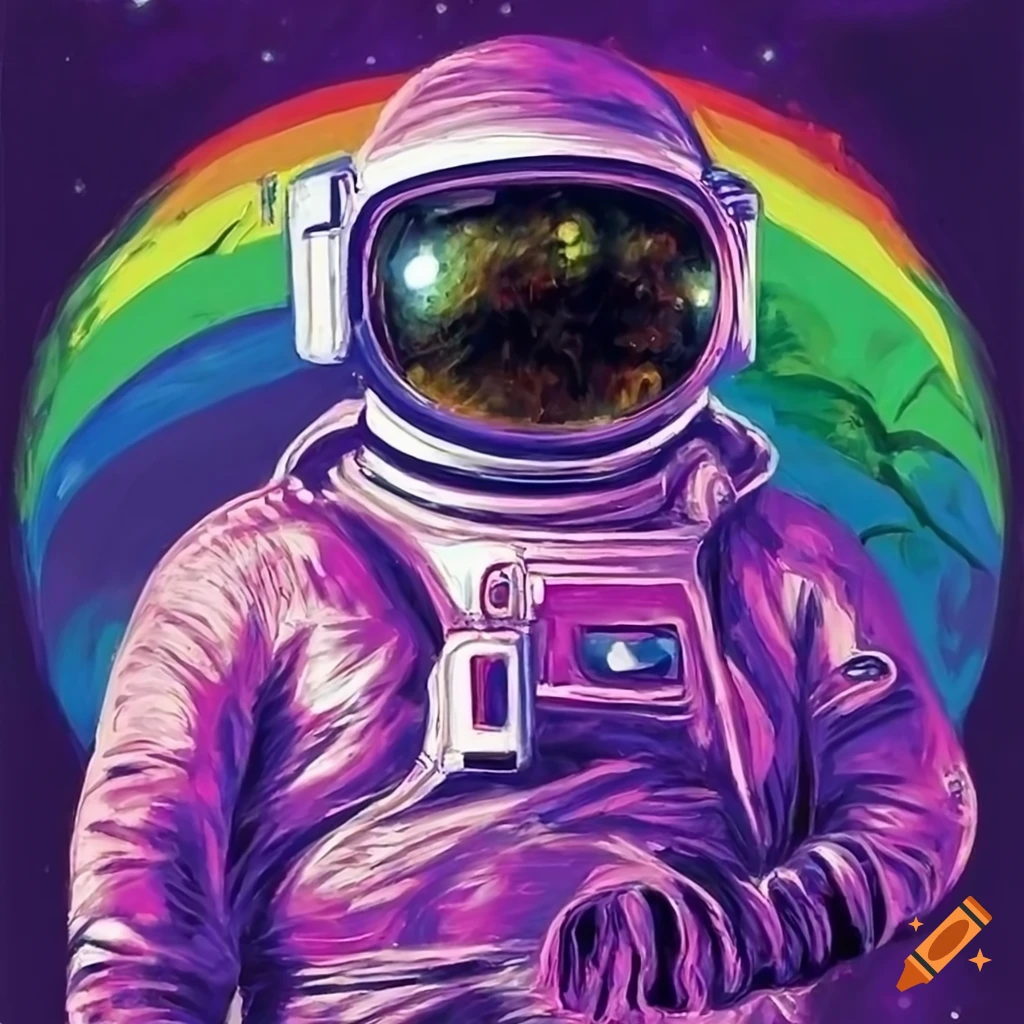 Retro astronaut in purple nebula with rainbow flag reflection in Renoir ...