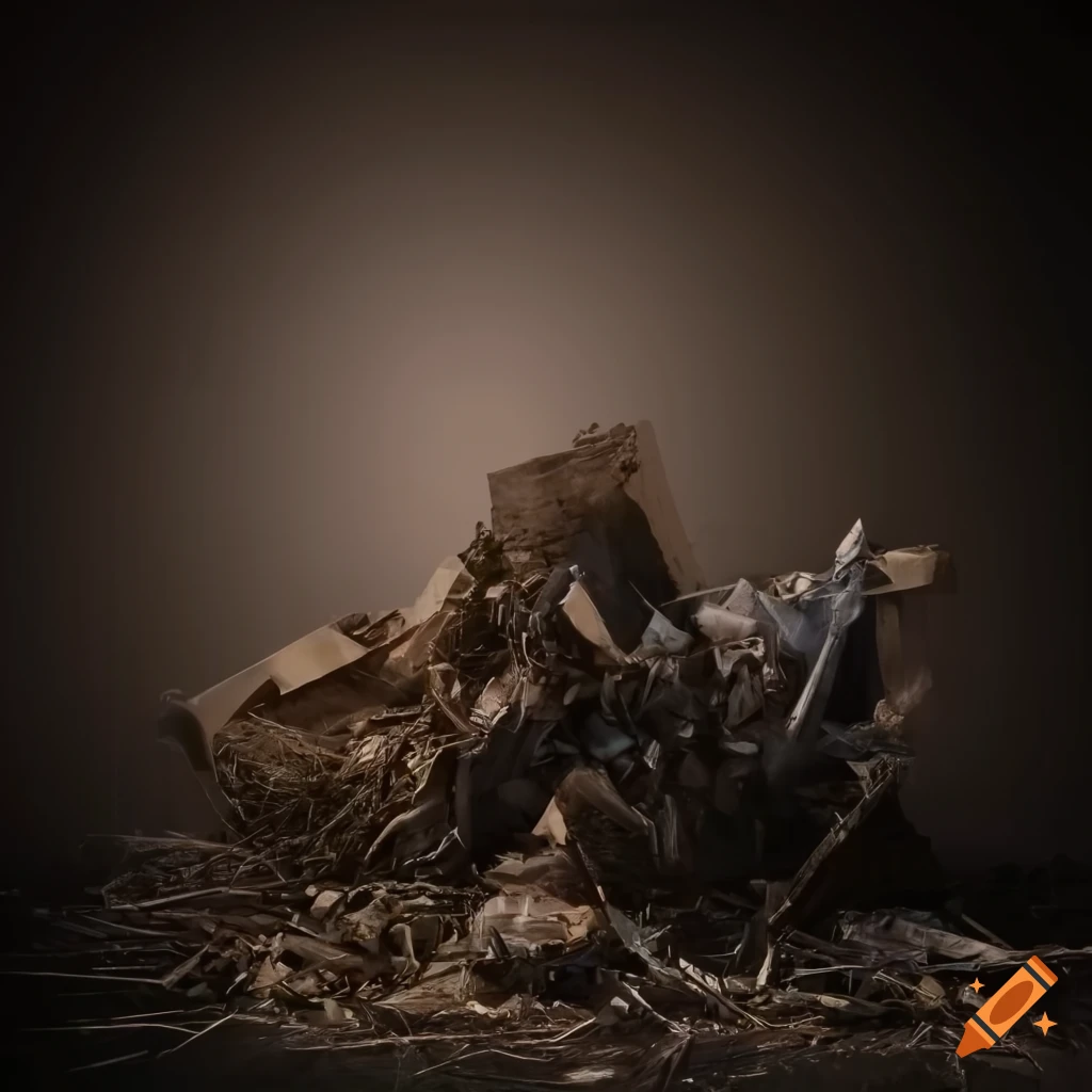 Distorted figure caught in junk garbage web in a destroyed landscape on ...