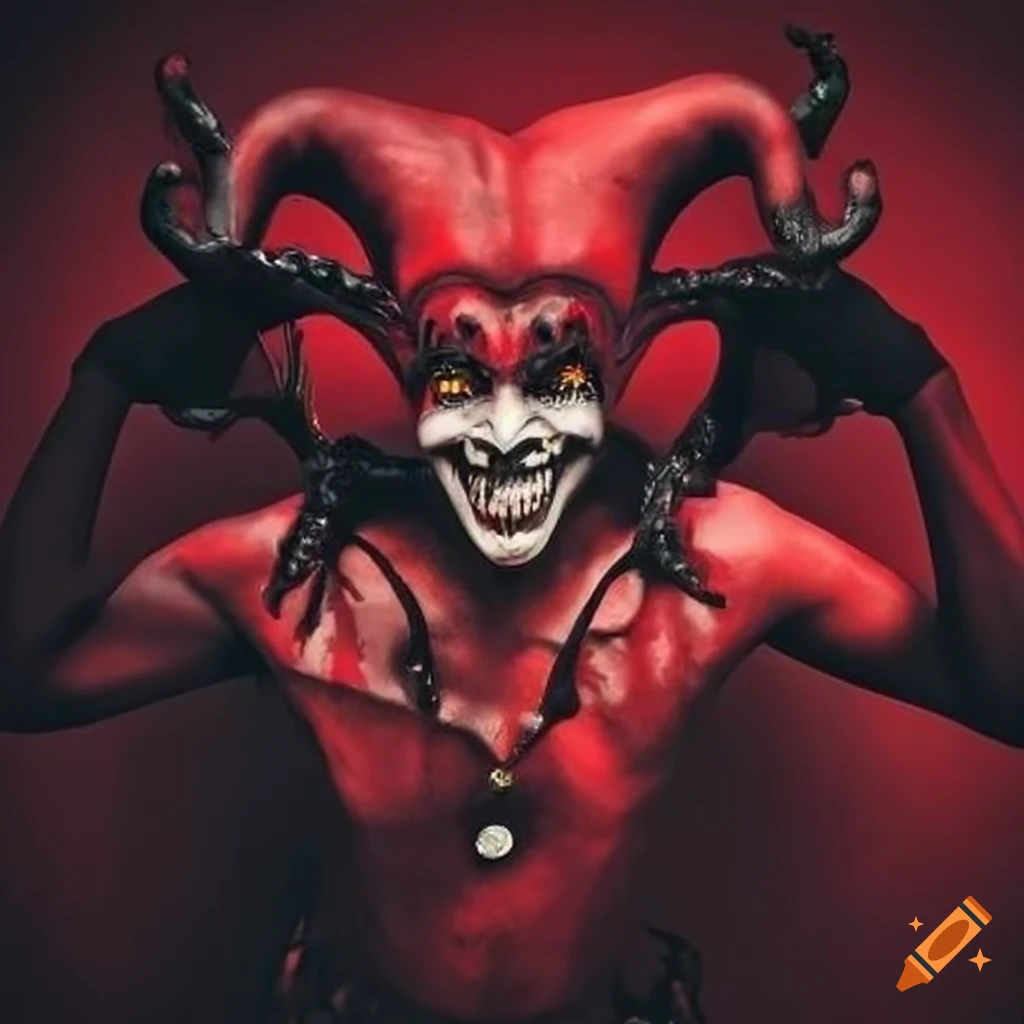 Red and black demonic jester with horns