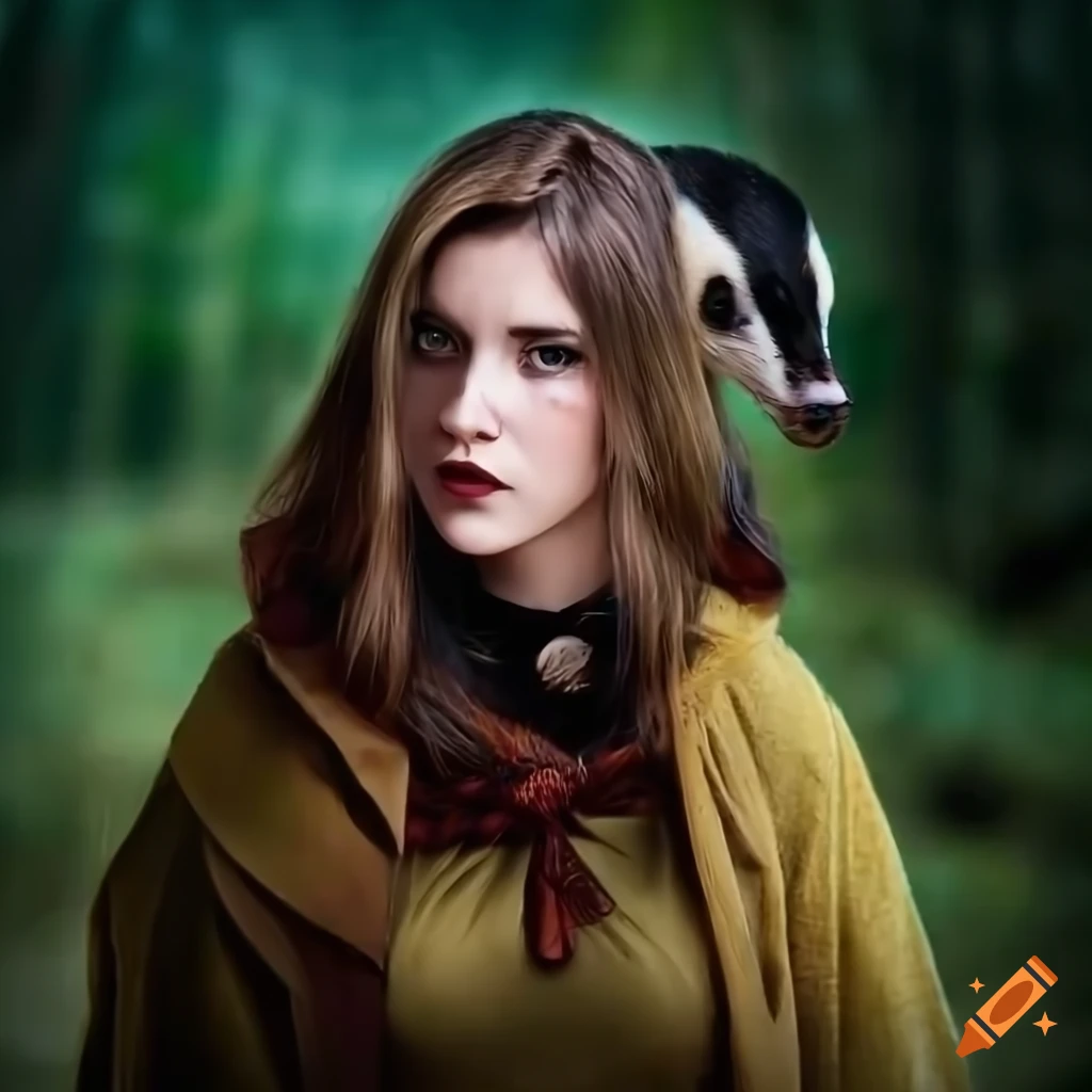 Young witch with badger pet in magical editorial office on Craiyon