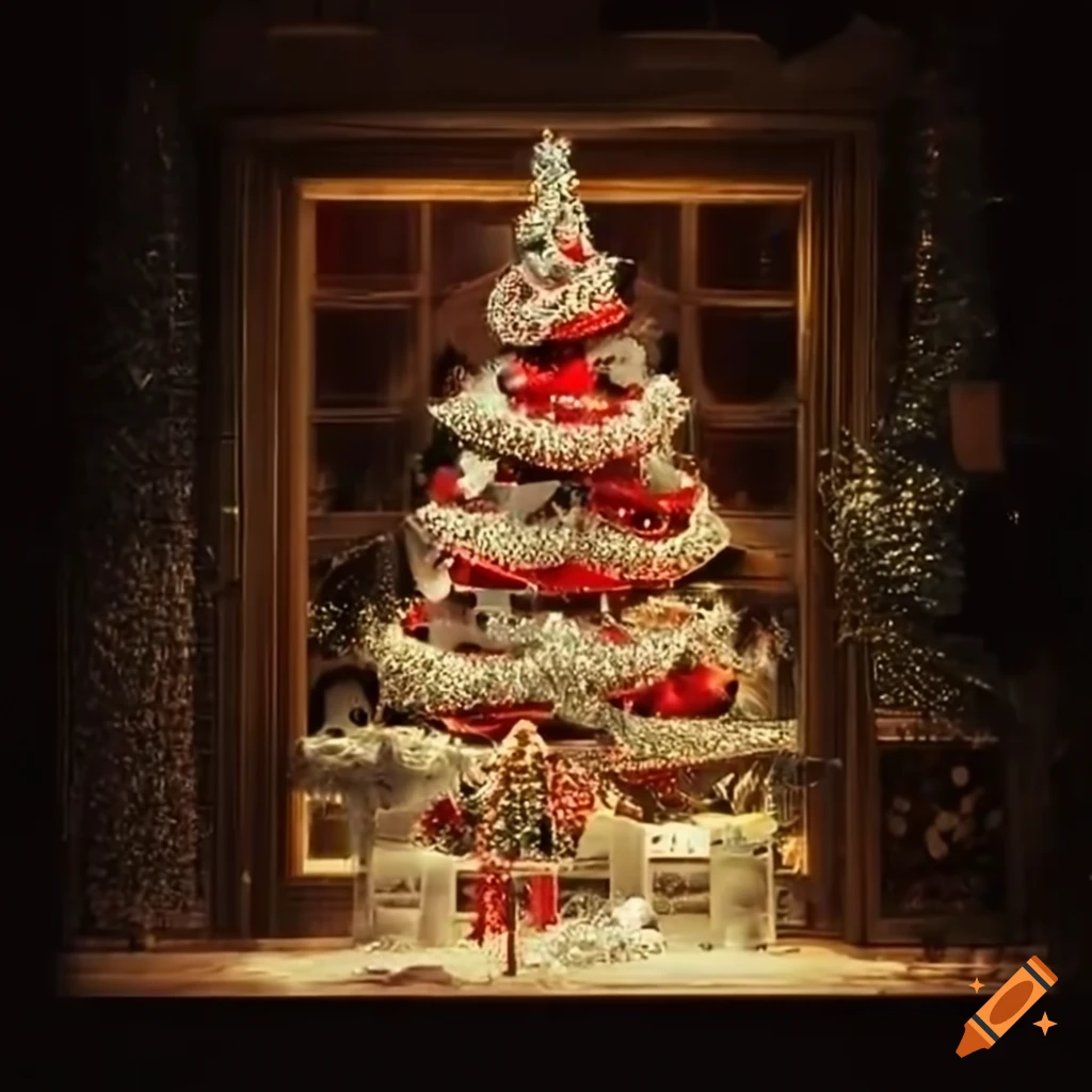 Christmas window display with a tree in the center