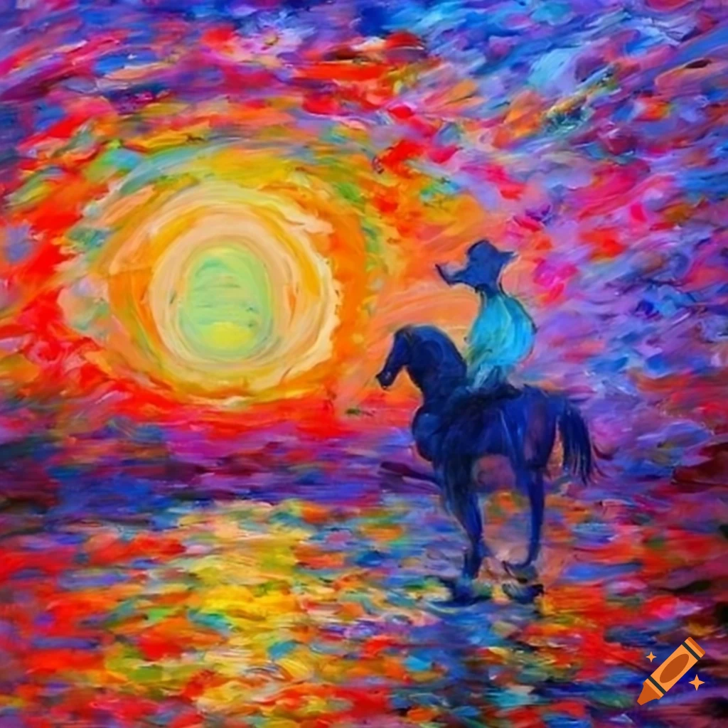 Abstract monet painting of a cowboy riding into the sunset