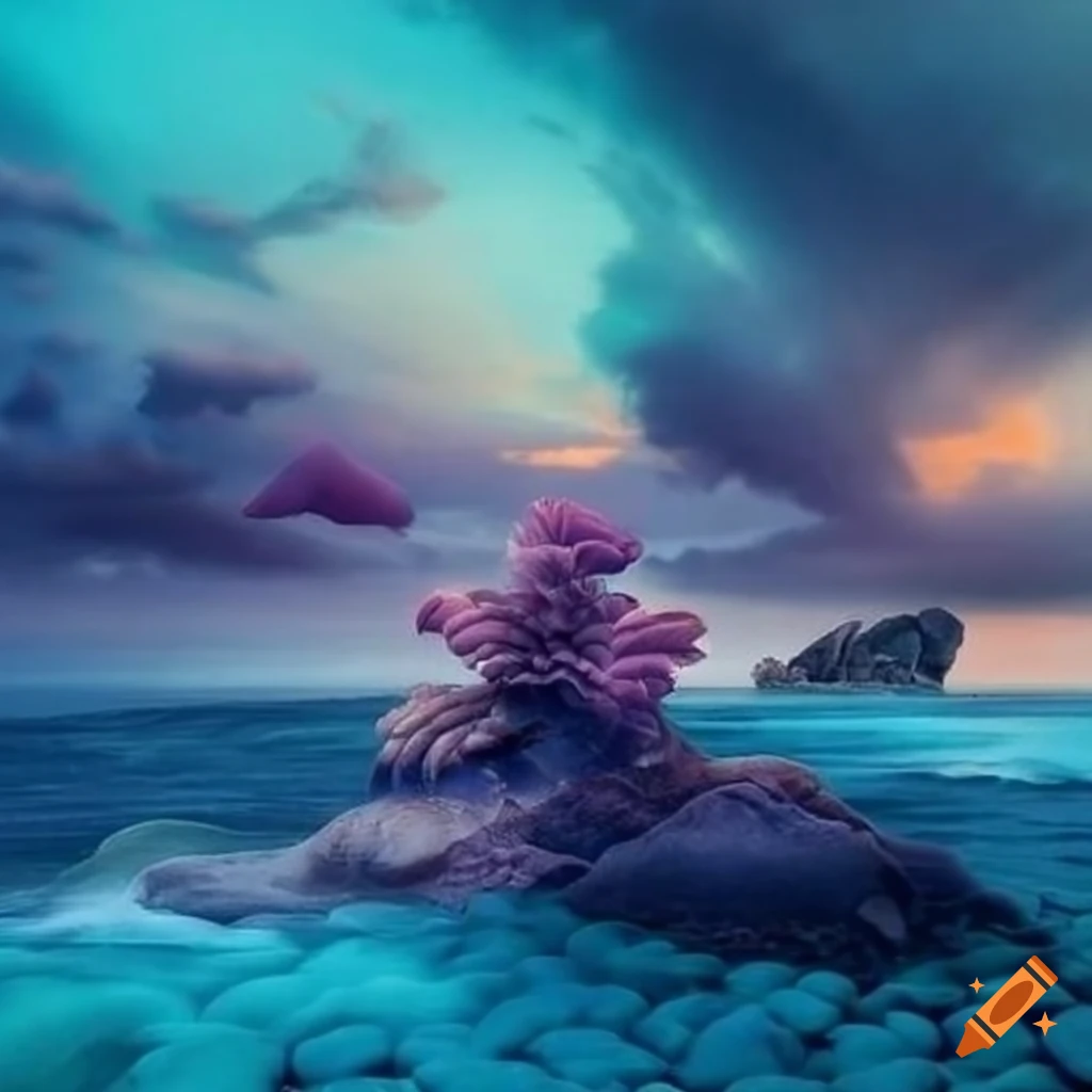 Plage with colorful coral hills, surreal glassy shells, exotic flowers ...