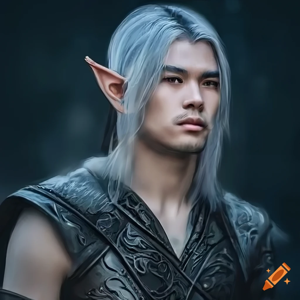 Epic poster of a male elven warrior with flowing grey hair and striking ...