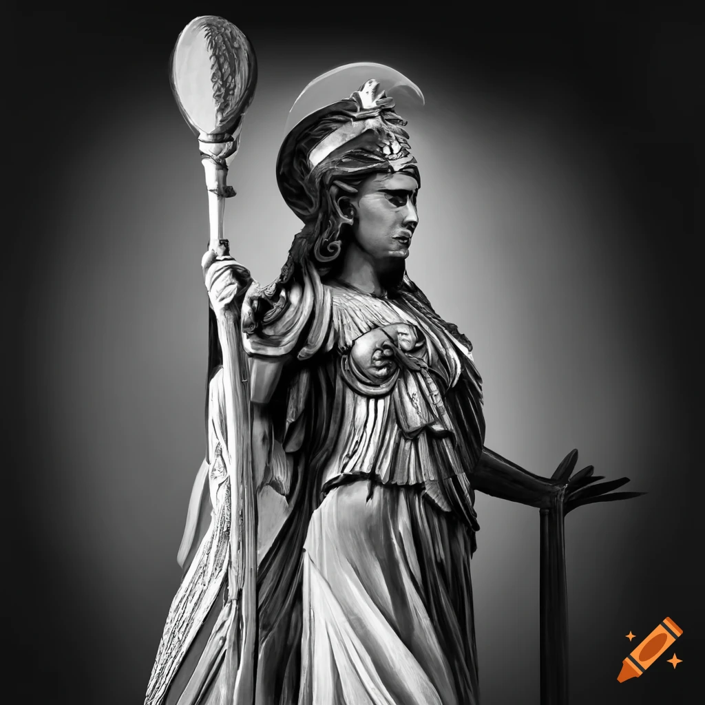 Black and white image of Athena with legends and myths on Craiyon