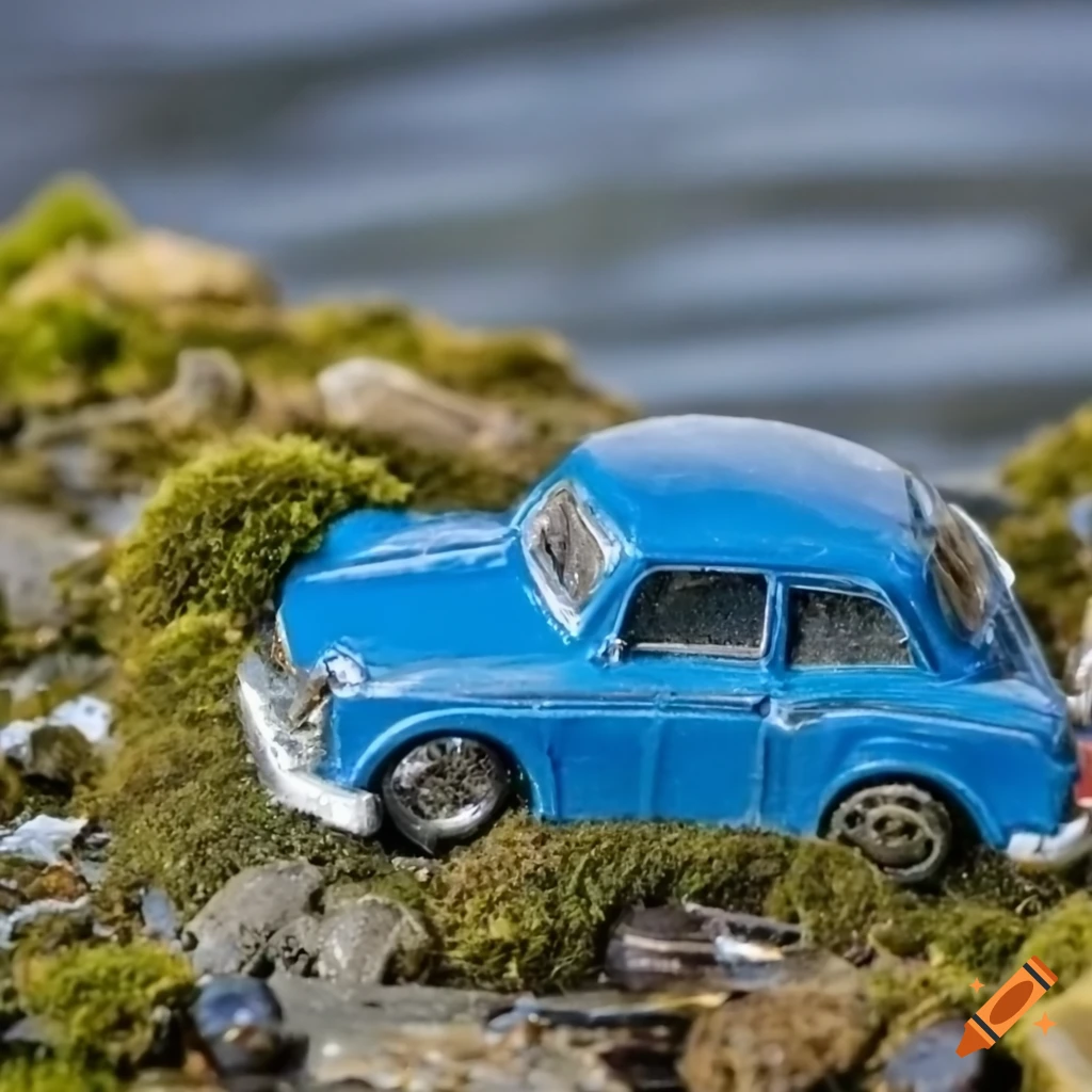 Miniature diorama with blue car, moss, Christmas lights, and miniature ...