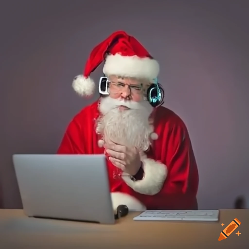 Santa working on a computer with headsets on Craiyon
