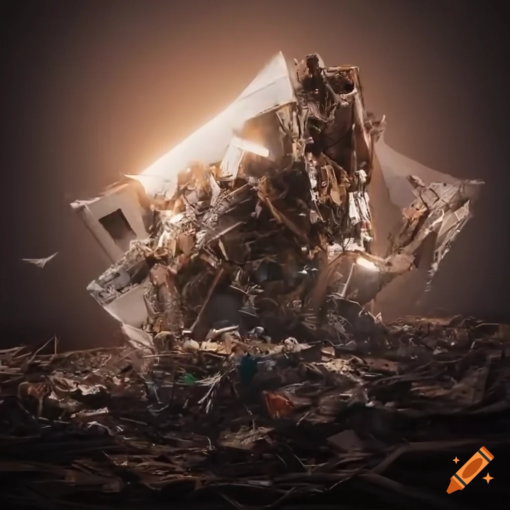 Distorted figure caught in chaotic web of junk garbage in destroyed ...