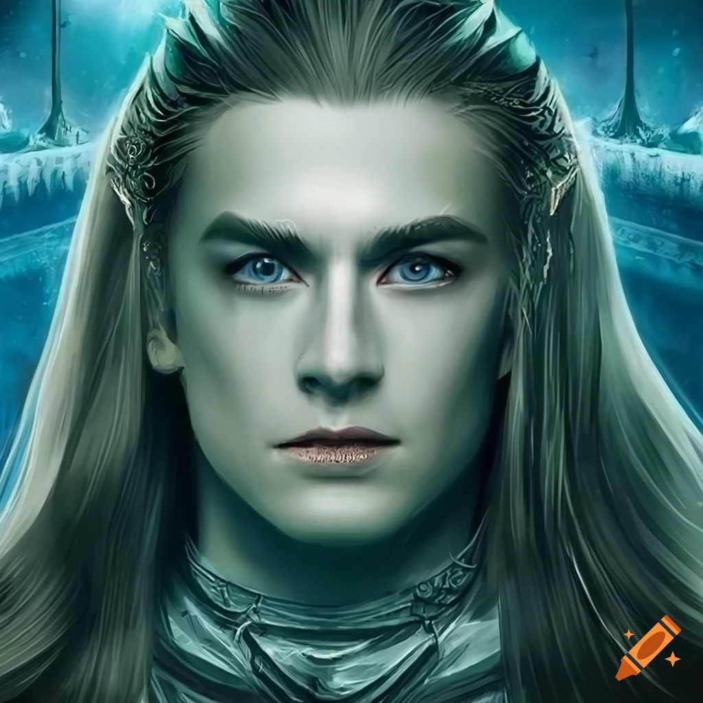 Movie poster with elven king standing in front of a fountain on Craiyon