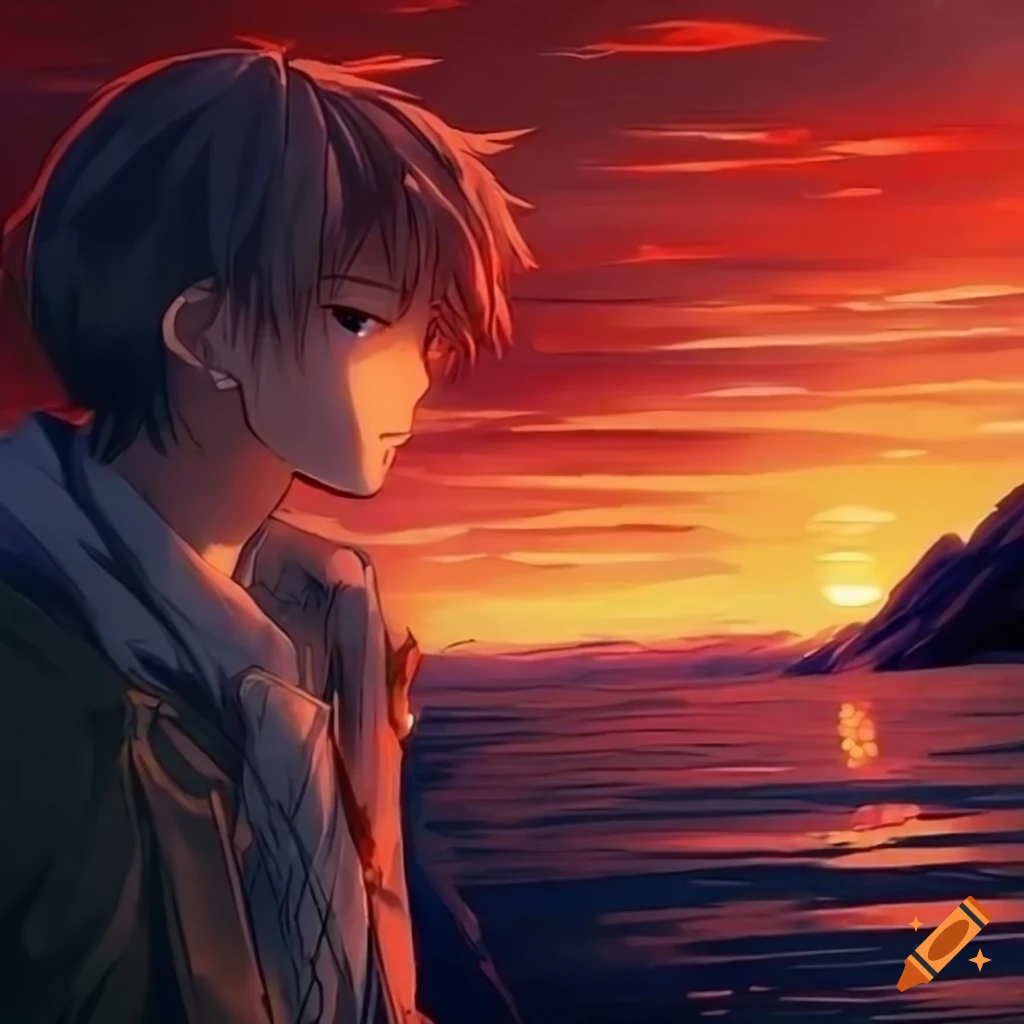 Anime boy in the sunset on a book cover