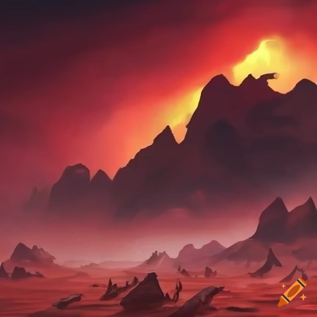 Avernus, a hellish desert wasteland beneath a dark red sky on Craiyon
