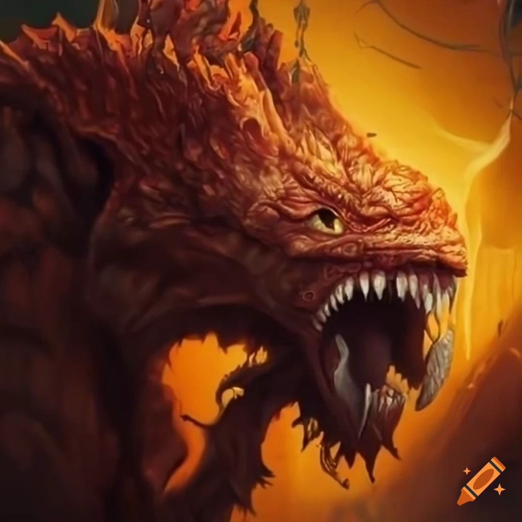 Close up of an orange monster in a jungle in a fantasy art setting