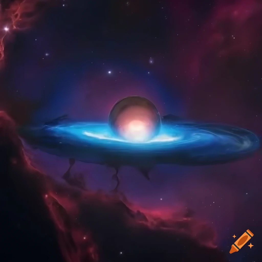 Wide sci-fi space scene with exotic planets and a black hole on Craiyon