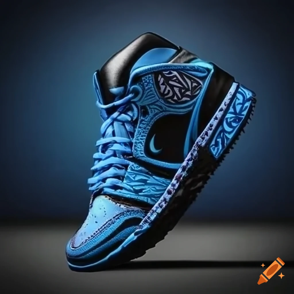 Close up of blue and black nike air jordans with polynesian designs