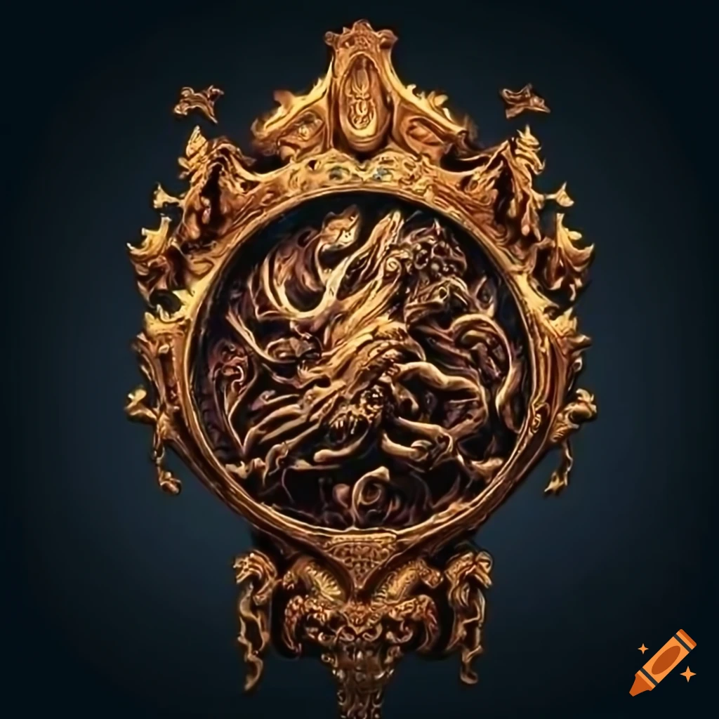 Fantastical emblem of a dragon kingdom with intricate royal motifs on ...