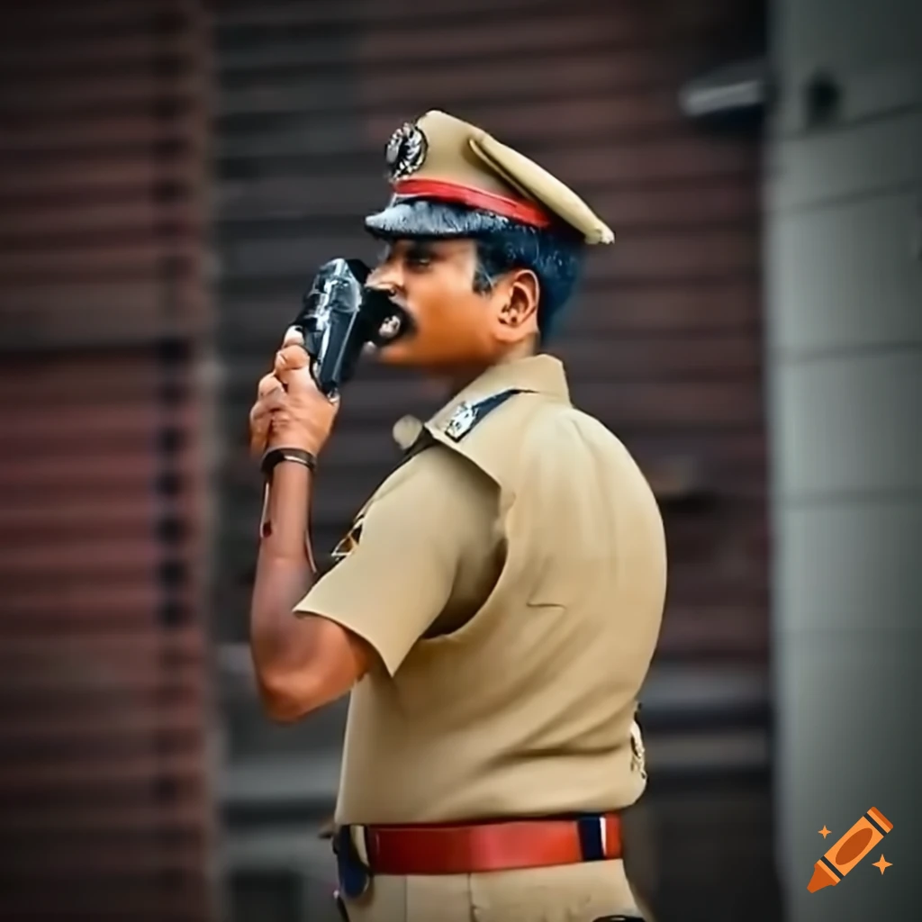 Indian police officer holding a walkie-talkie from the back
