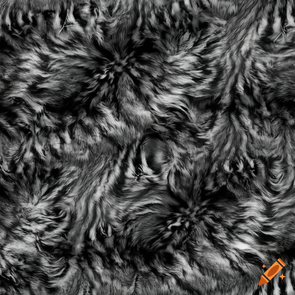 Seamless black and white wolf neck fur texture in 8k resolution
