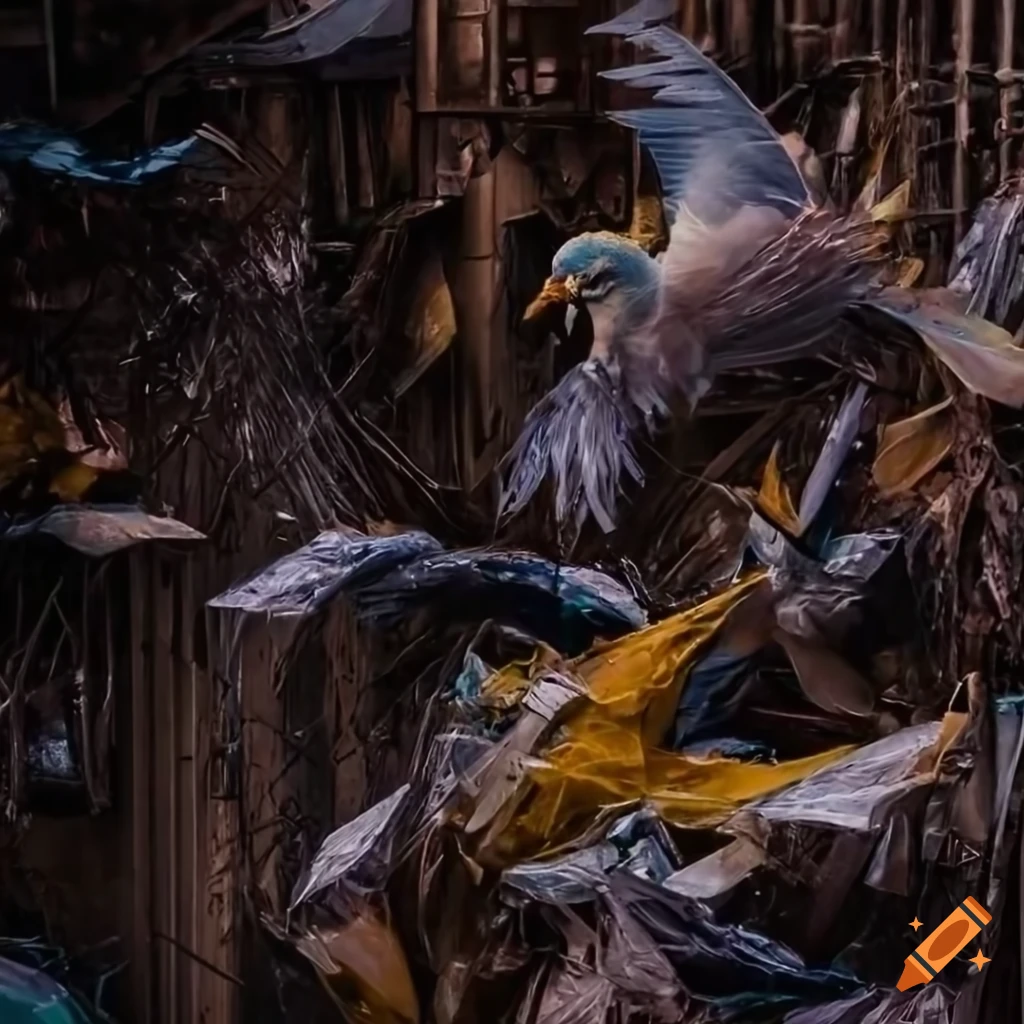 Distorted birds caught in chaotic junk garbage web in a dystopian ...