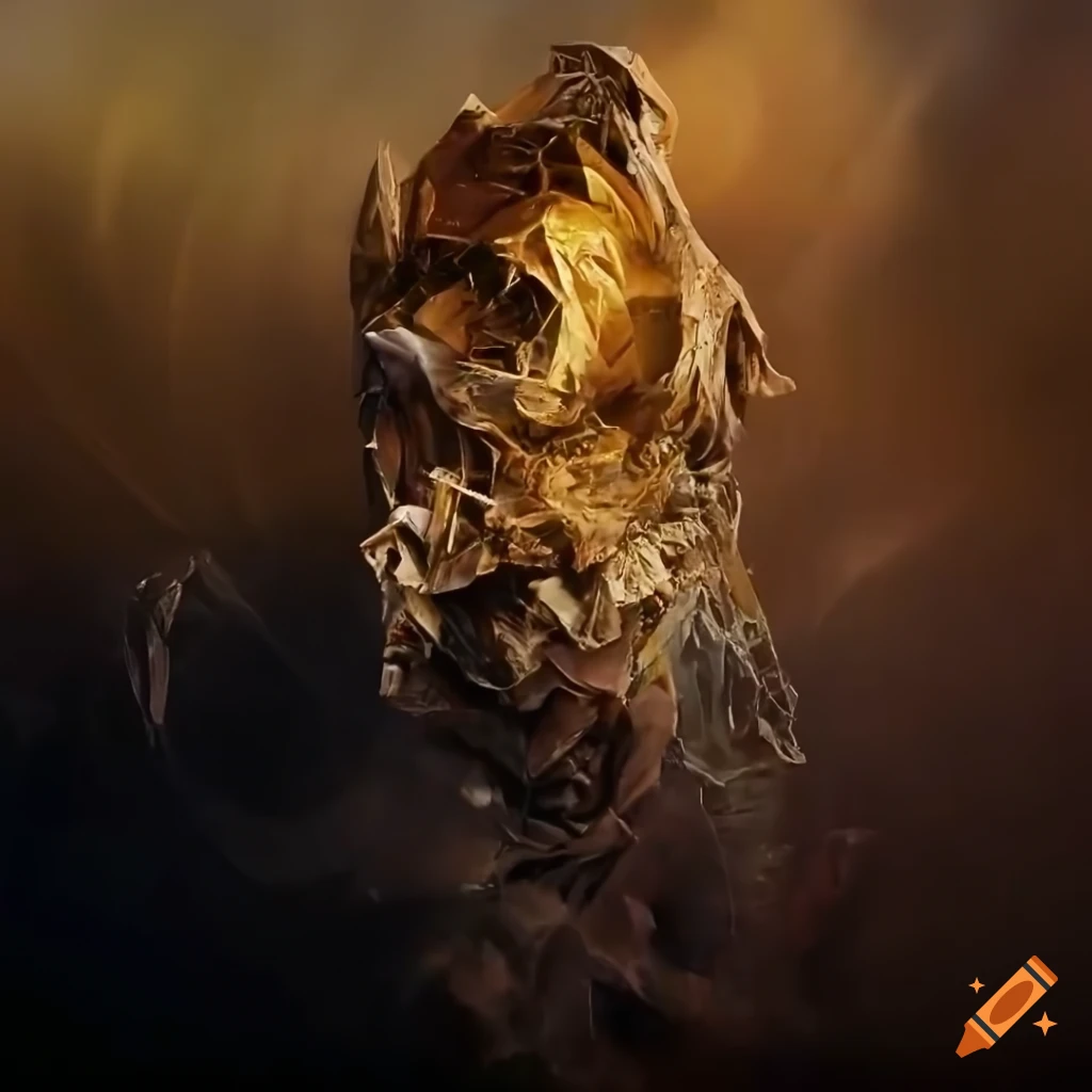 Distorted figure caught in chaotic web of junk garbage in a dystopian ...