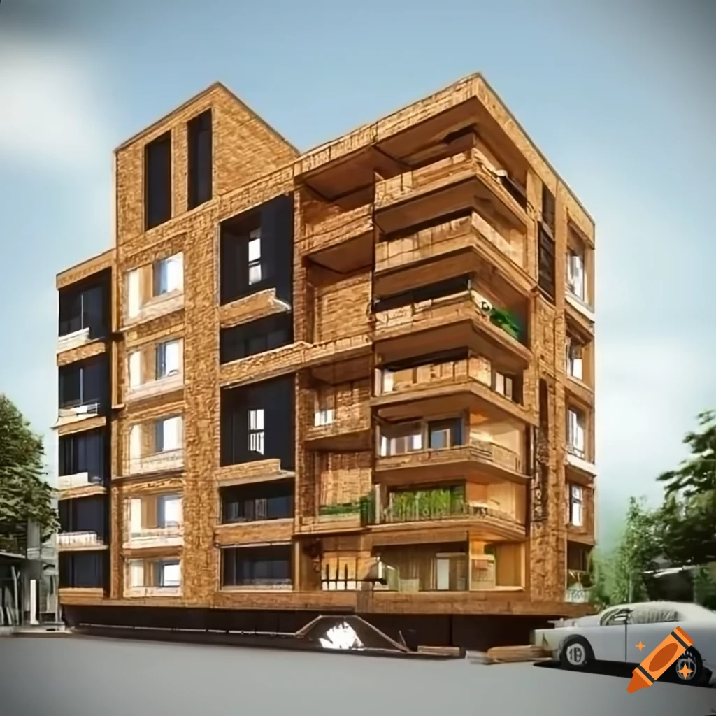 Isometric view of a 5-story wooden apartment building with latticework ...