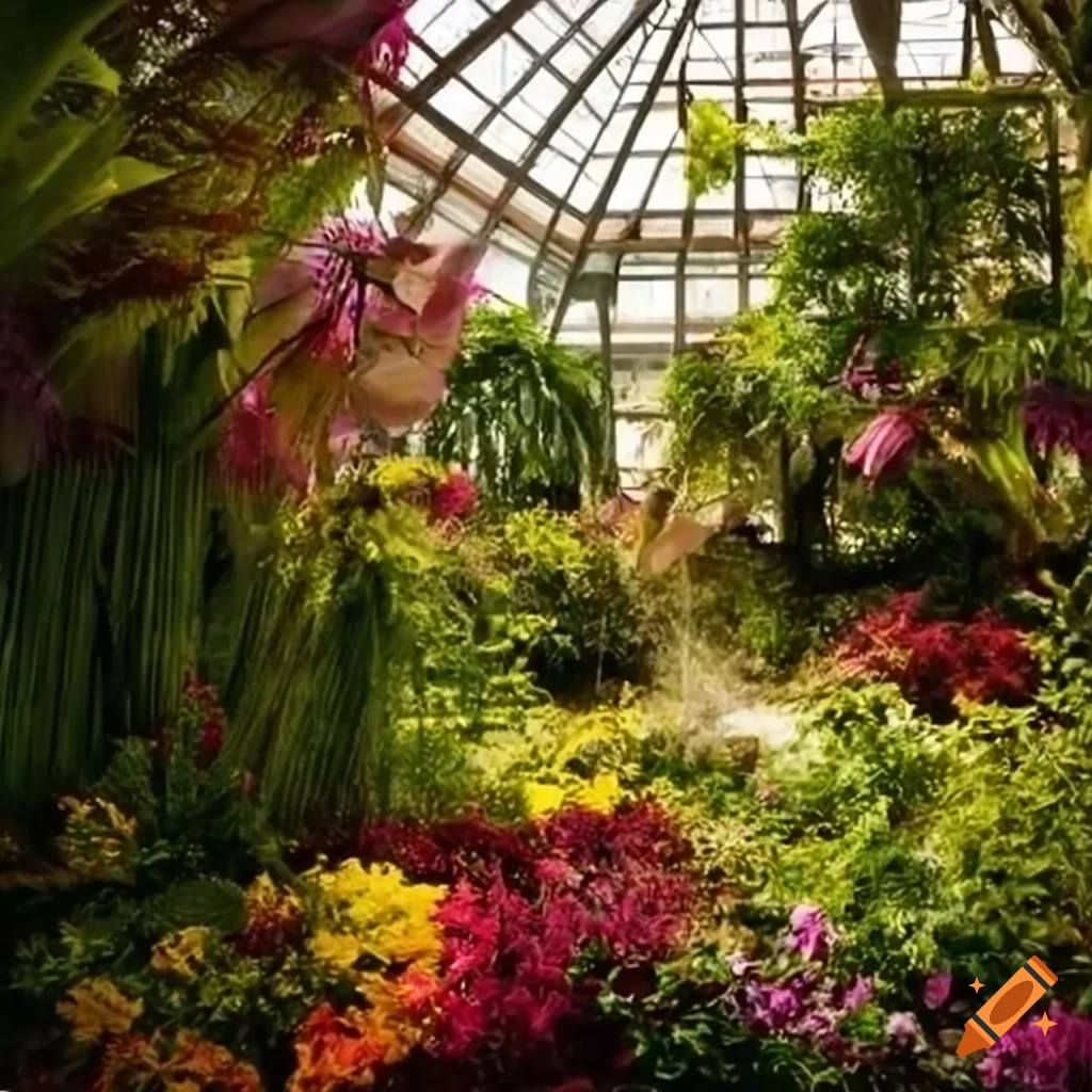 Victorian conservatory with vibrant blooms in sunlight on Craiyon