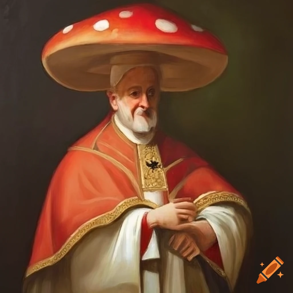Portrait painting of the pope with a large mushroom-shaped hat on Craiyon
