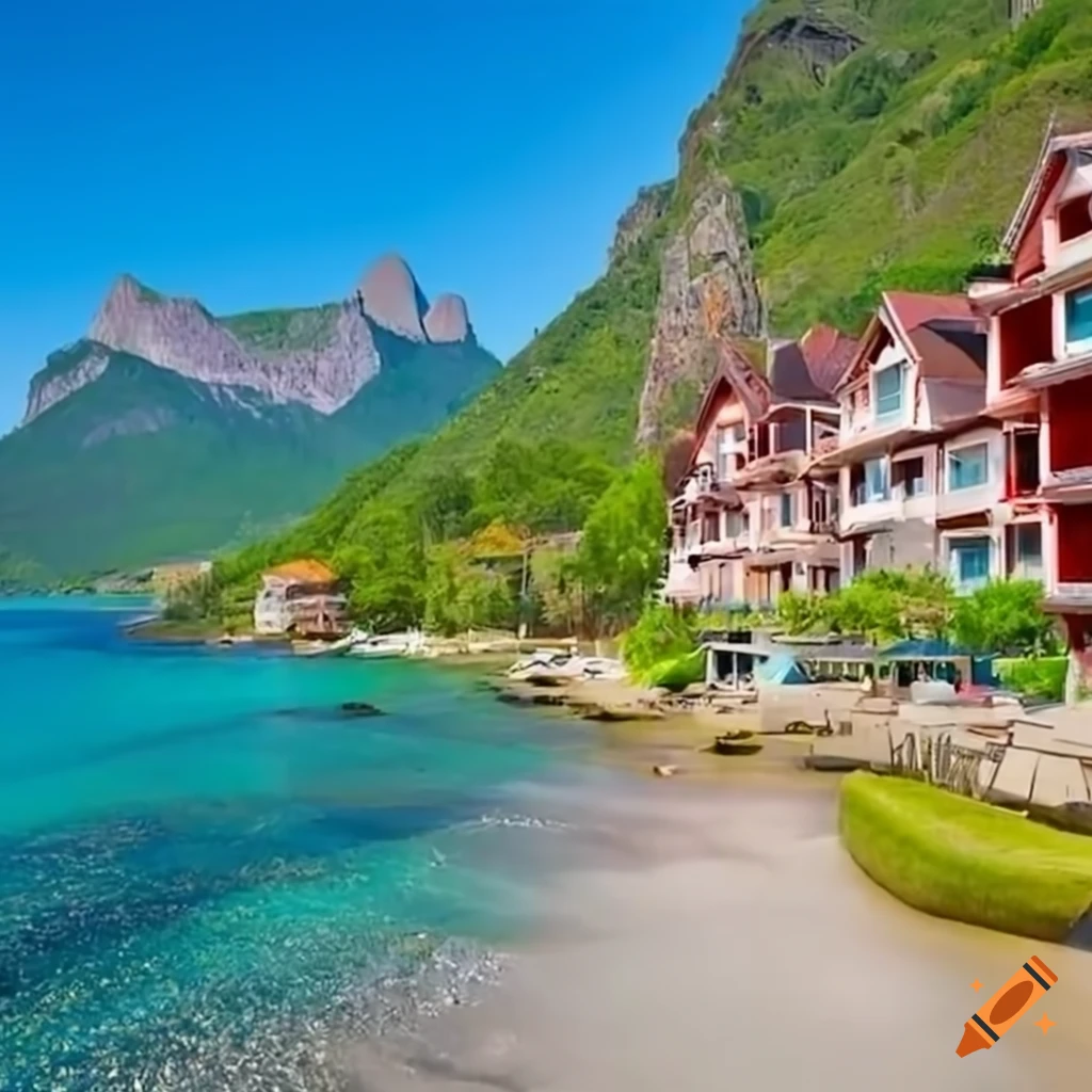 Quaint beach town nestled in the mountains with a luxury resort on Craiyon