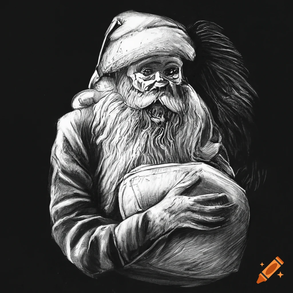 Santa claus injured and carrying his sack in black and white sketch