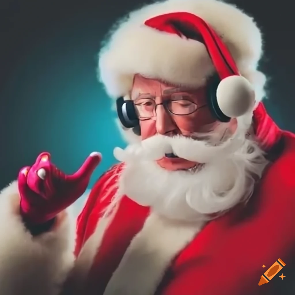 Santa listening to a podcast with headphones
