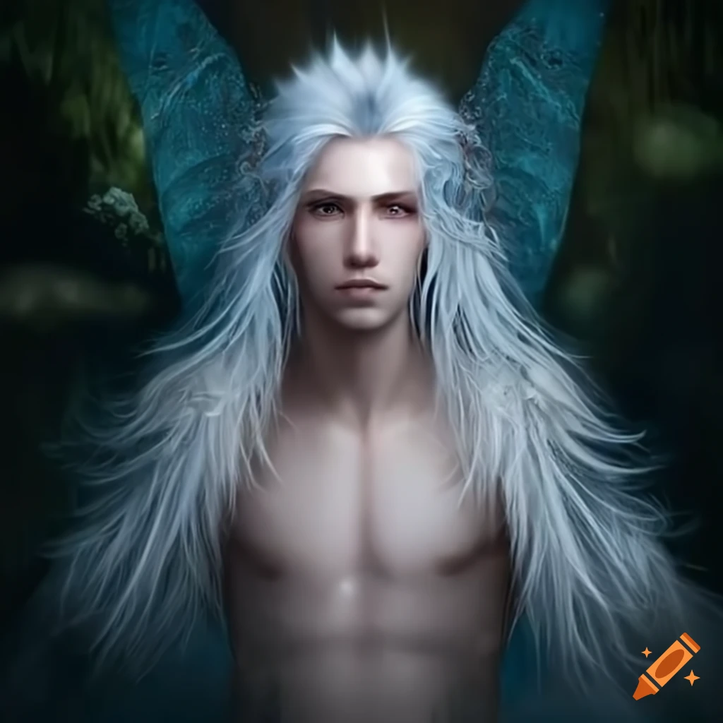 Male fairy king with white hair and wings casting magic in a forest lake