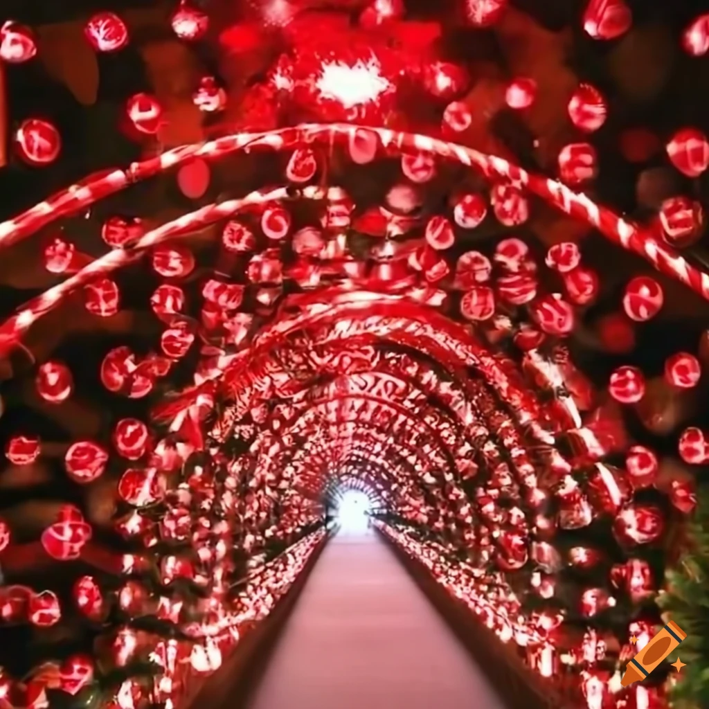 Candy cane hallway with christmas trees on Craiyon