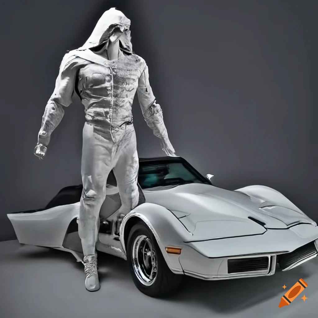 Moon Knight next to a white 1982 Chevrolet Corvette on Craiyon