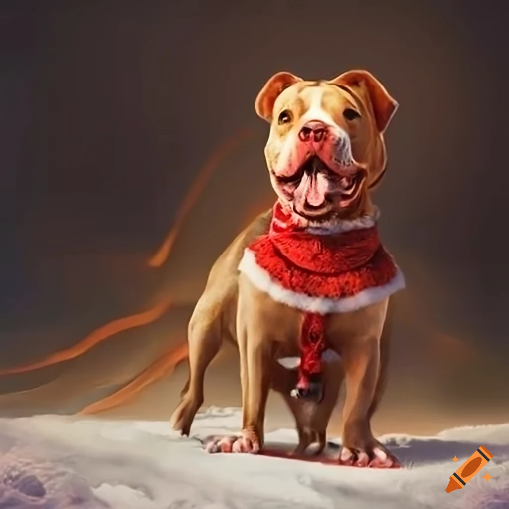 Vintage christmas card of a happy red-nosed pitbull puppy riding in a ...
