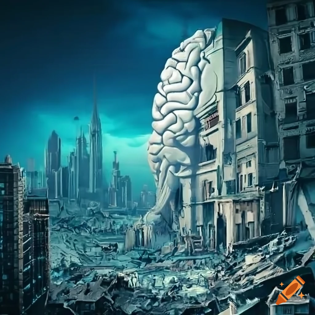Collapsed city with a giant brain