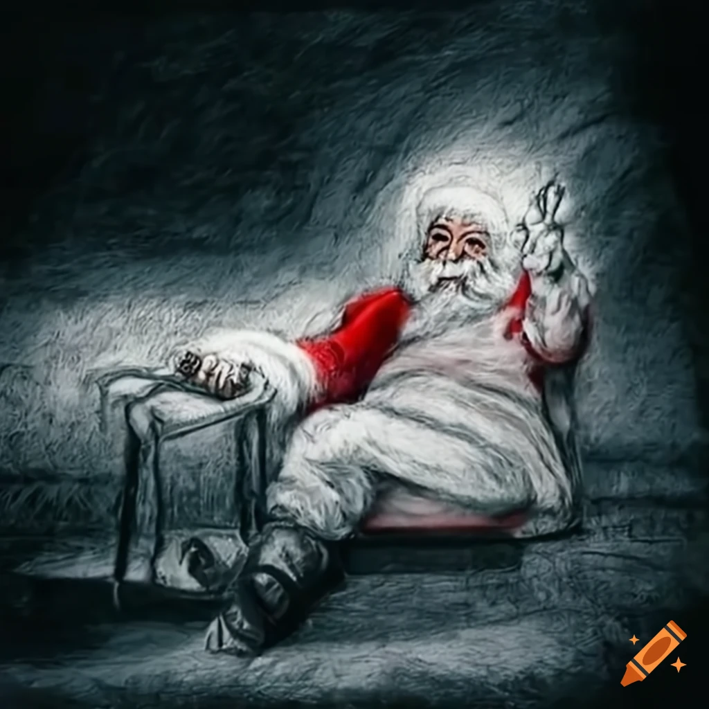 Unconscious santa claus connected to medical equipment in a dark room