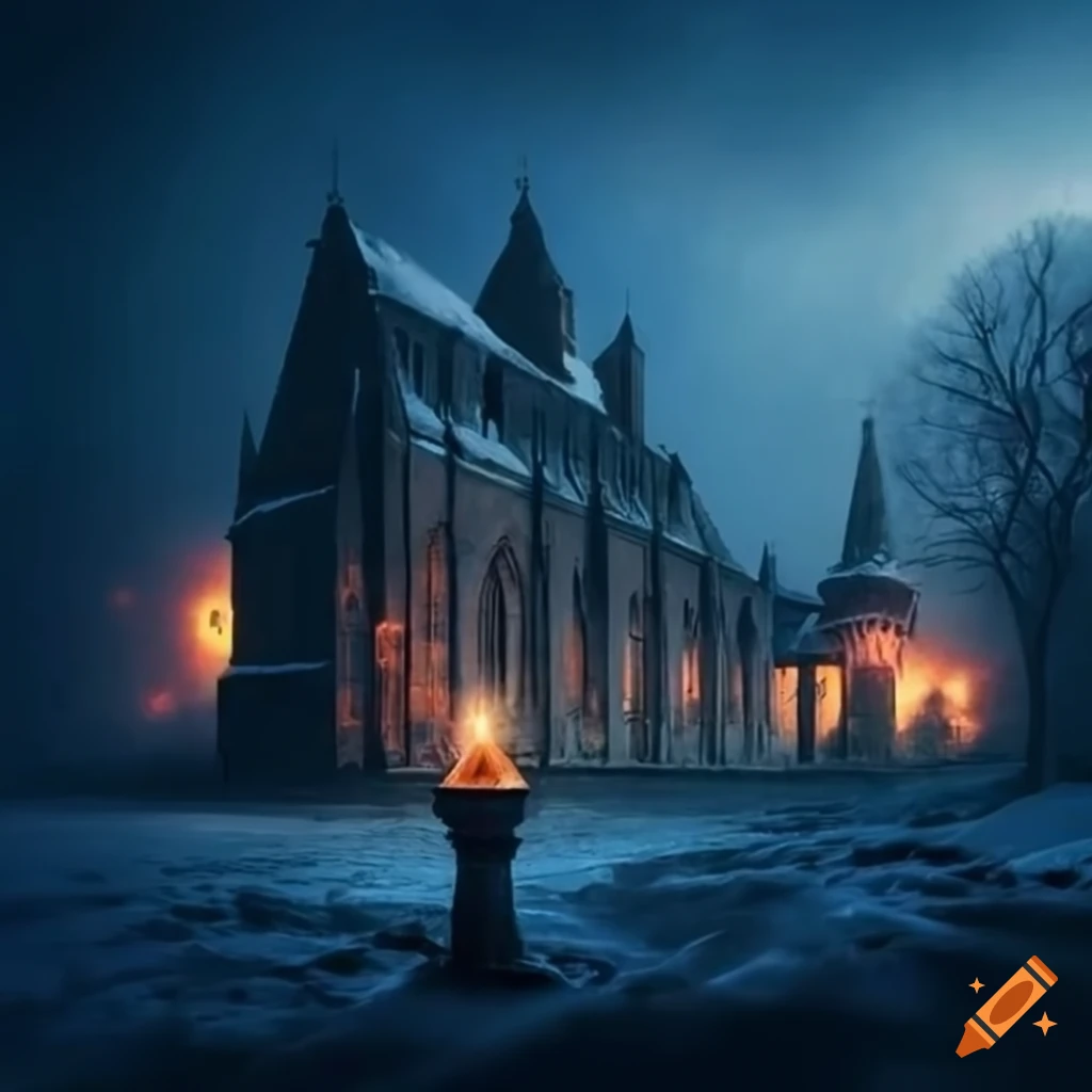 Medieval fantasy monastery in cold winter night with flickering torches