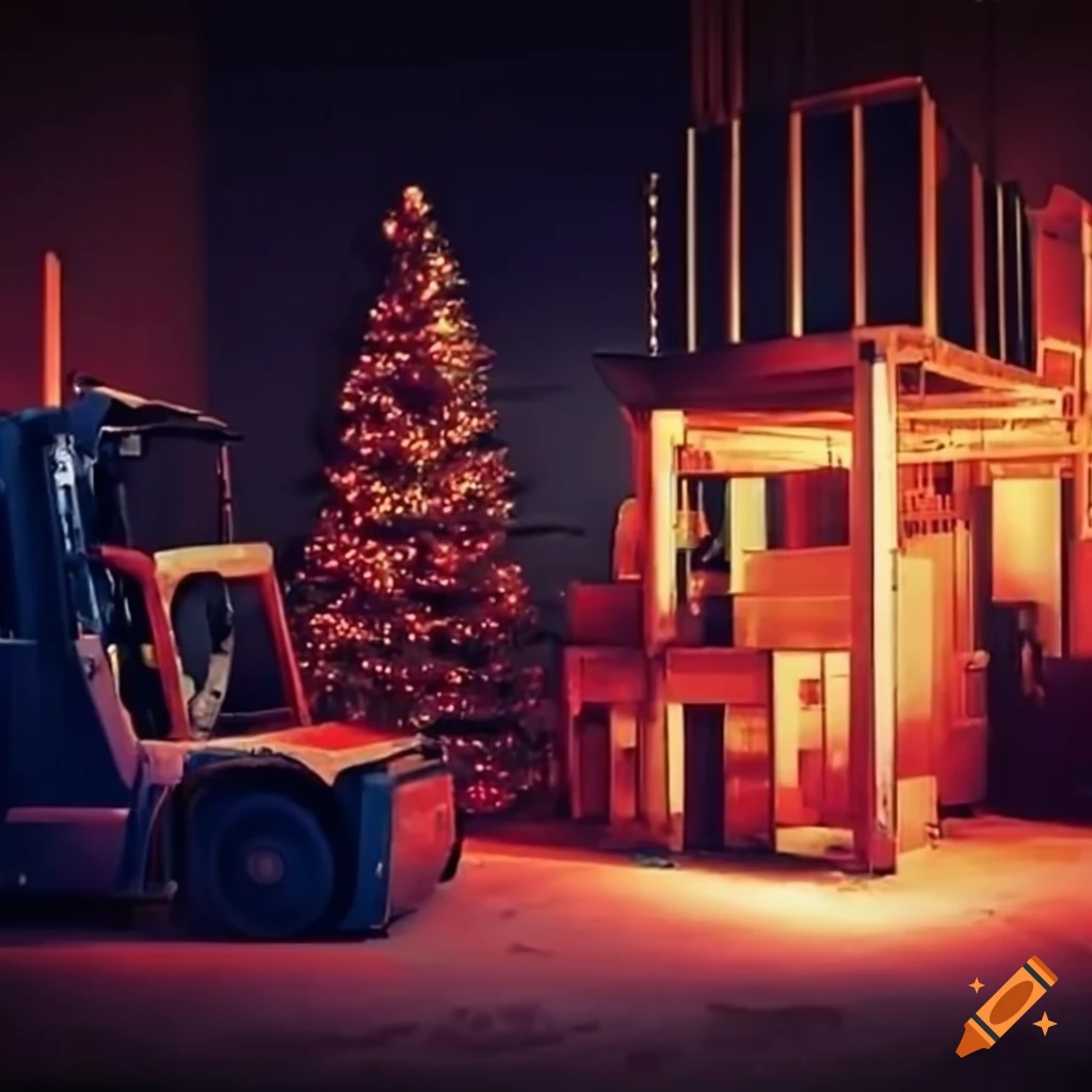Factory with forklifts in a christmas setting