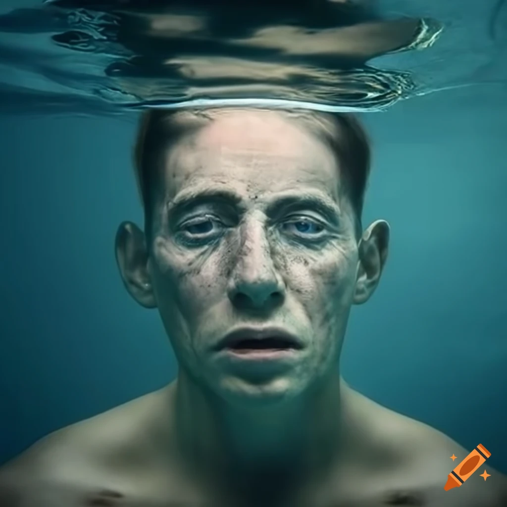 Man's face submerged underwater in a realistic photograph