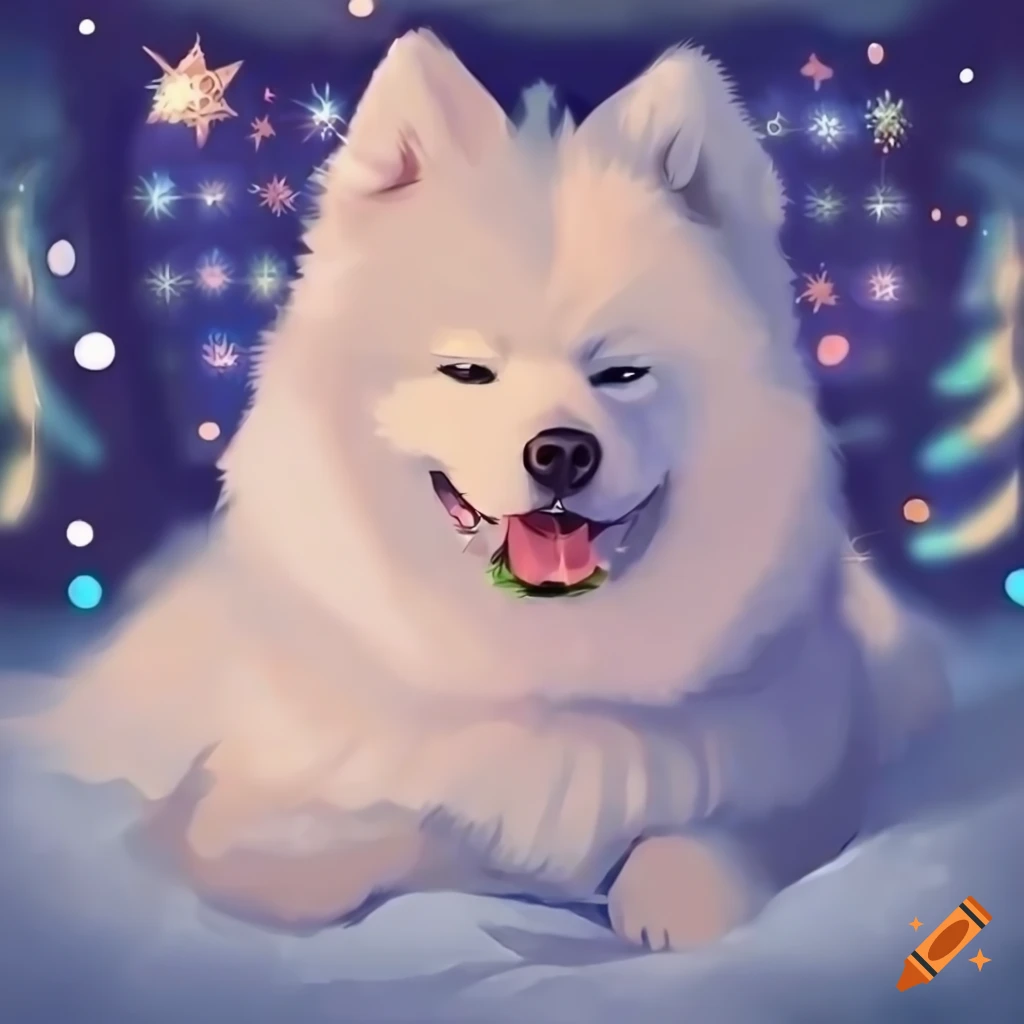 Sleeping samoyed dog in front of a christmas tree in anime style on Craiyon