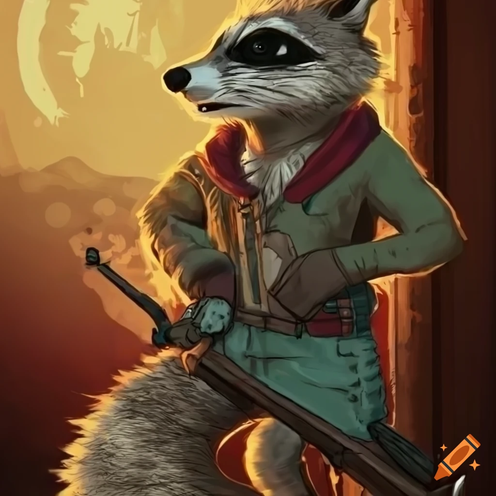 Anthropomorphic raccoon survivor in Fallout art style on Craiyon