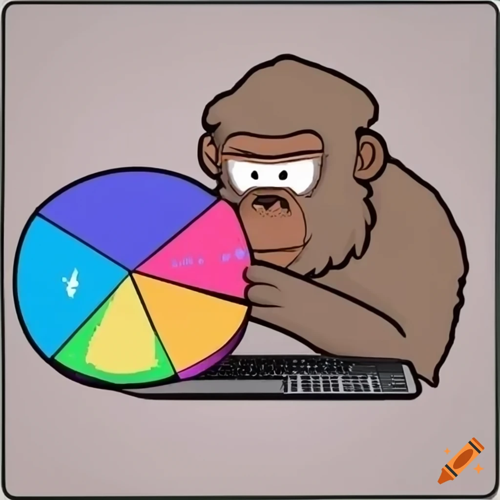 Ape giving a presentation with a pie chart on a laptop