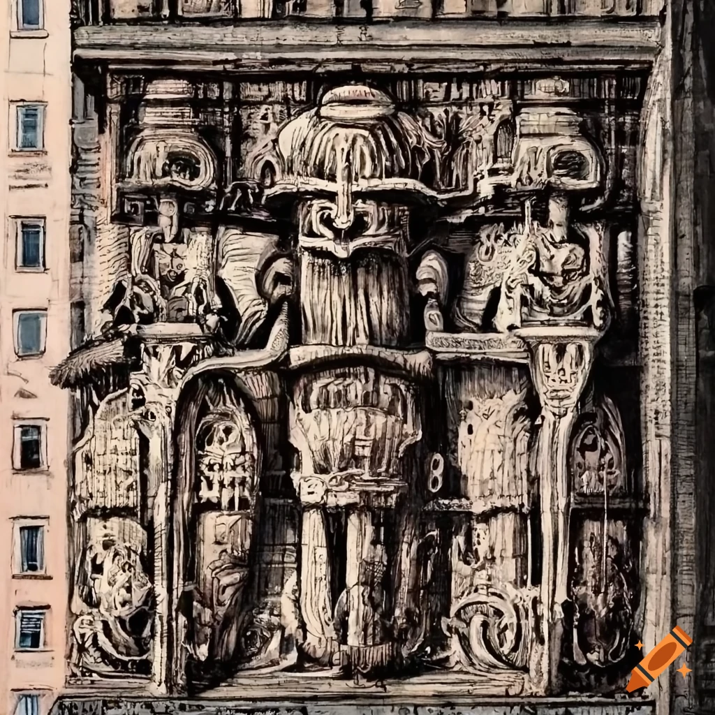 Drawing of intricate carvings on a building wall by phlegm and h.r ...
