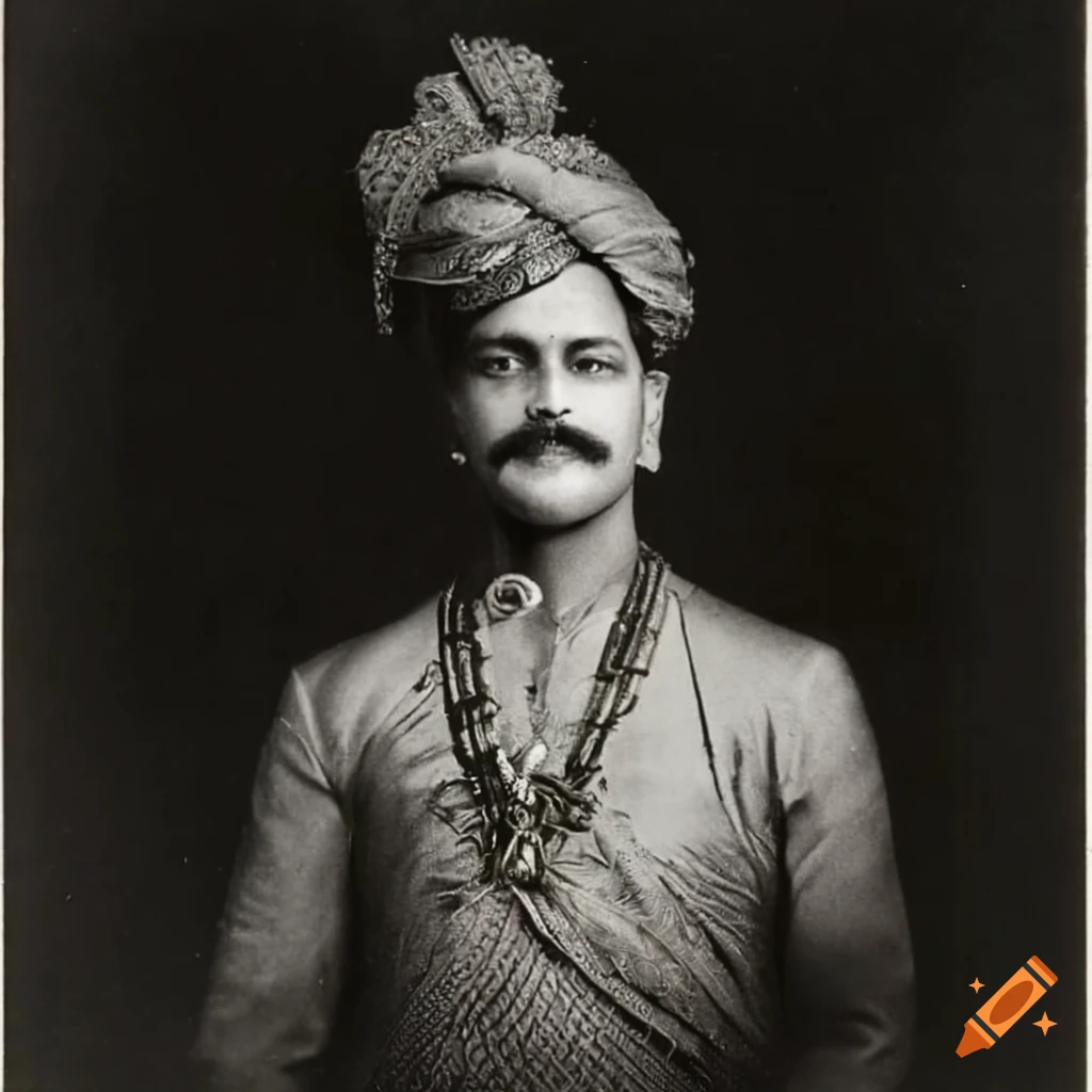 Portrait of a handsome maratha king in traditional attire from the 1870s
