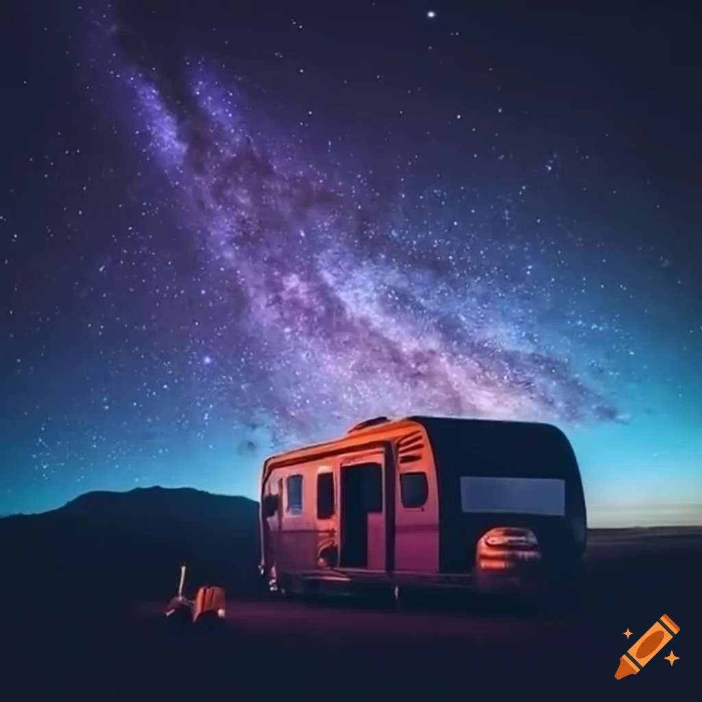 Group of friends in an rv parked under a starry night on Craiyon
