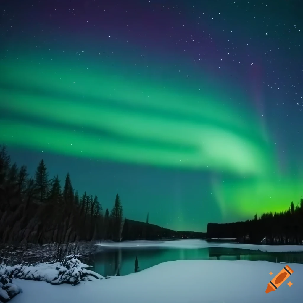 Nordic night landscape with northern lights, stars, snow, and mountains